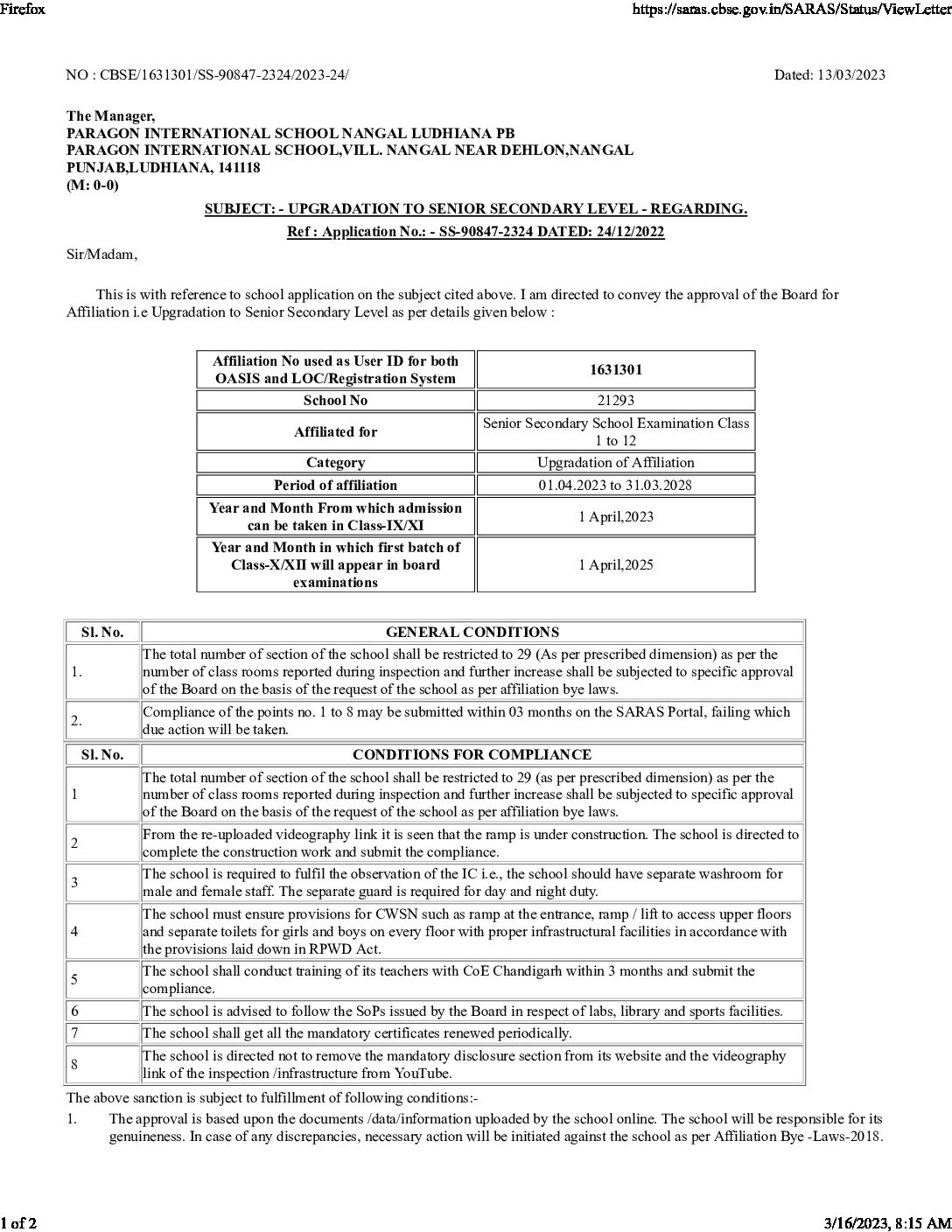 Affiliation Letter – Paragon International School